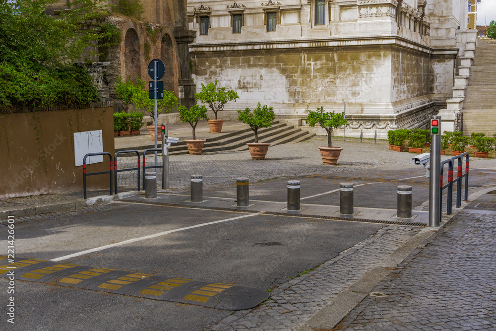 Rome, Italy automatic road barriers. Rising bollards with traffic ...