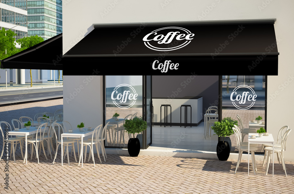cafe facade mockup showing displays and awning Stock Illustration ...