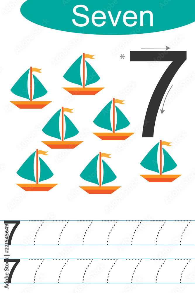 Number seven, handwriting tracing practice sheet, writing training for ...