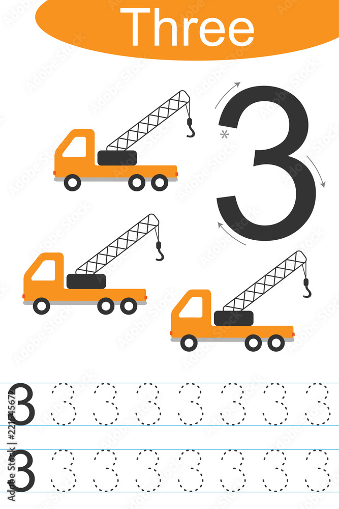 Number three, handwriting tracing practice sheet, writing training for ...