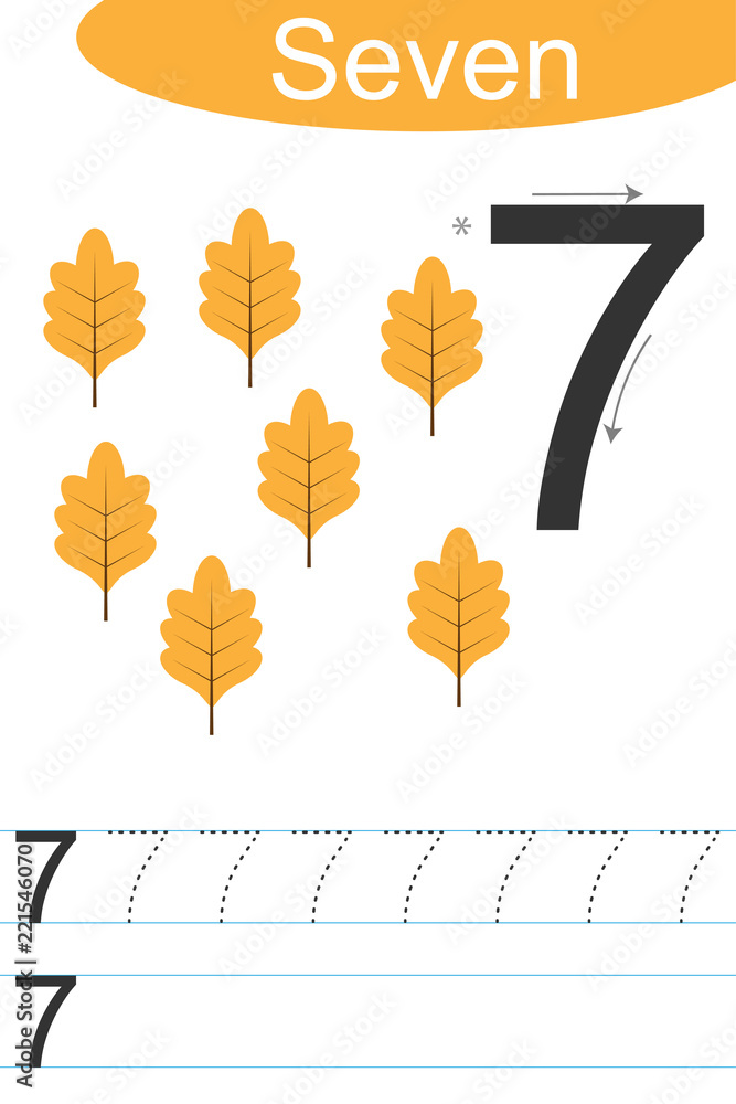 เวกเตอร์ Stock Number seven, handwriting tracing practice sheet ...