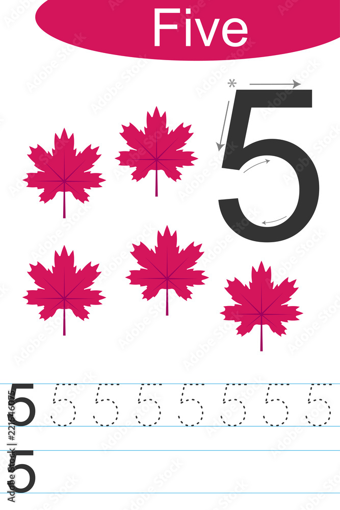 Number five, handwriting tracing practice sheet, writing training for ...