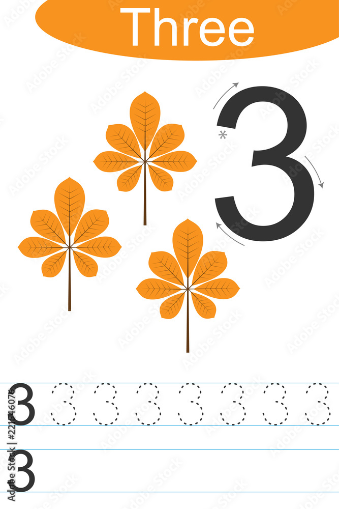 Number three, handwriting tracing practice sheet, writing training for ...