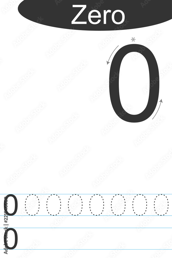 Vektor Number zero, handwriting tracing practice sheet, writing ...
