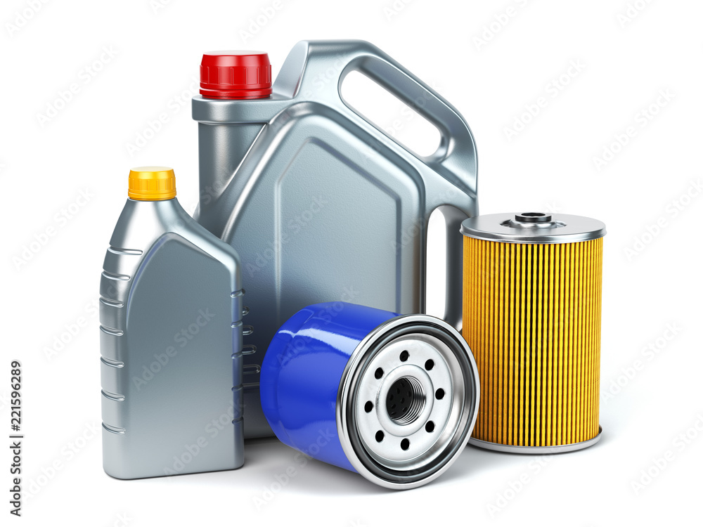 Car oil filter and motor oil canisters isolated on white background ...