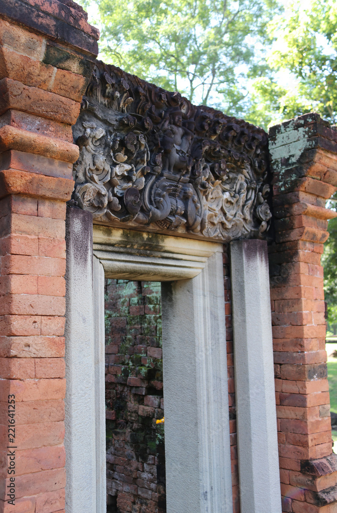 Stone lintel carved over the ruin door of Prang Song Phi Nong in ...
