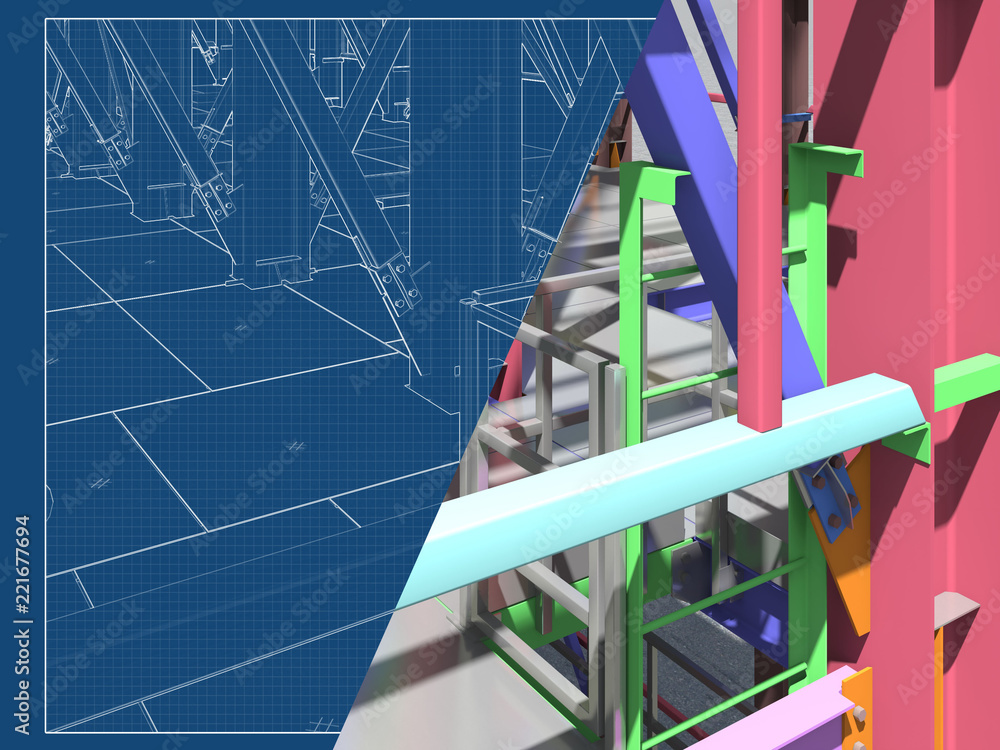 BIM model of a building made of metal structure. 3D architectural ...