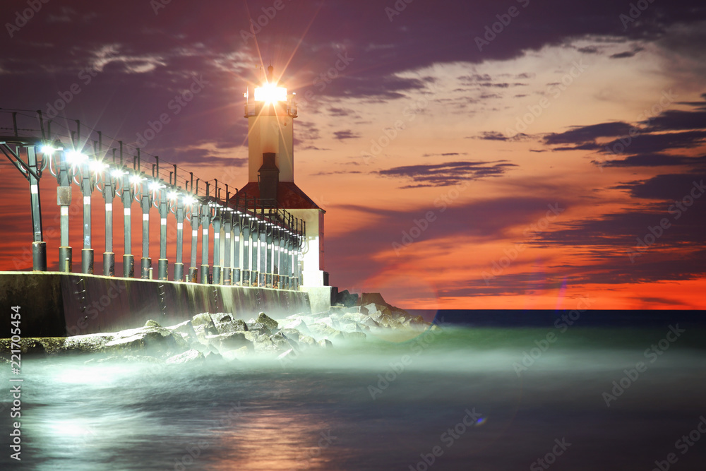 Michigan City Indiana lighthouse at sunset Stock Photo | Adobe Stock