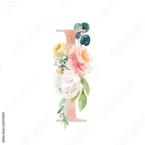 Floral Alphabet - blush / peach color letter I with flowers bouquet ...