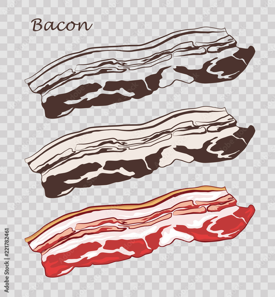 Bacon isolated on the pseudo transparent background. Slice of pork. Set ...