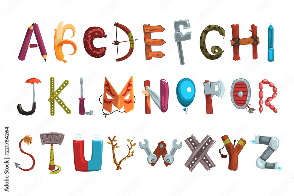 Collection of letters made of various objects, food and tools. Creative ...