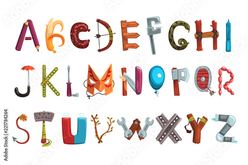 Collection of letters made of various objects, food and tools. Creative ...