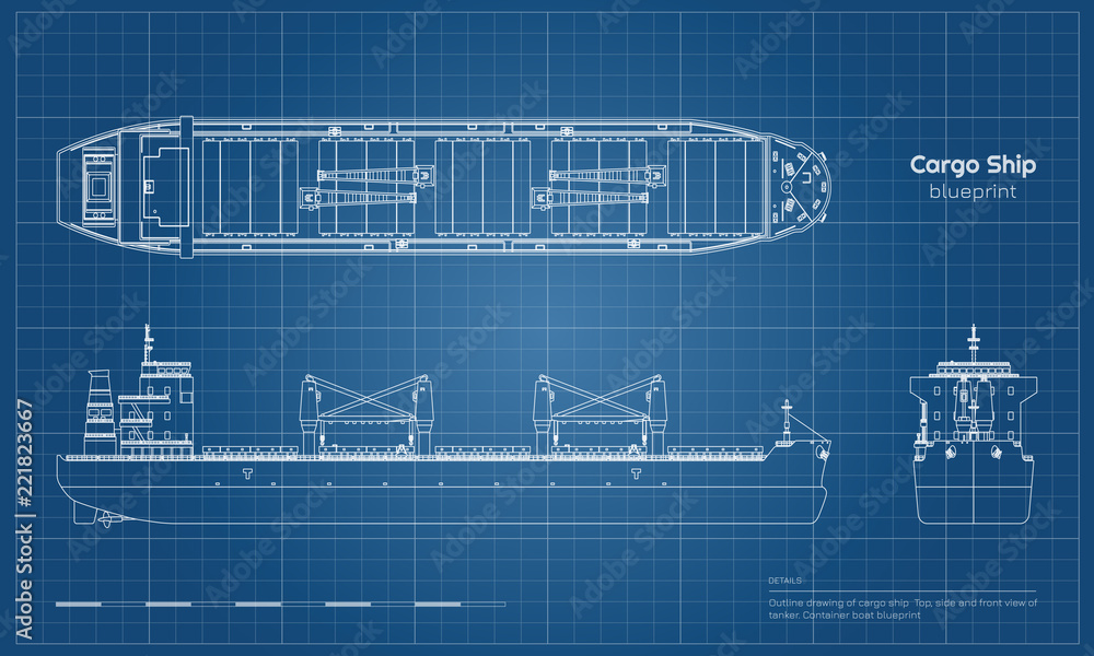 Blueprint of cargo ship on white background. Top, side and front view ...
