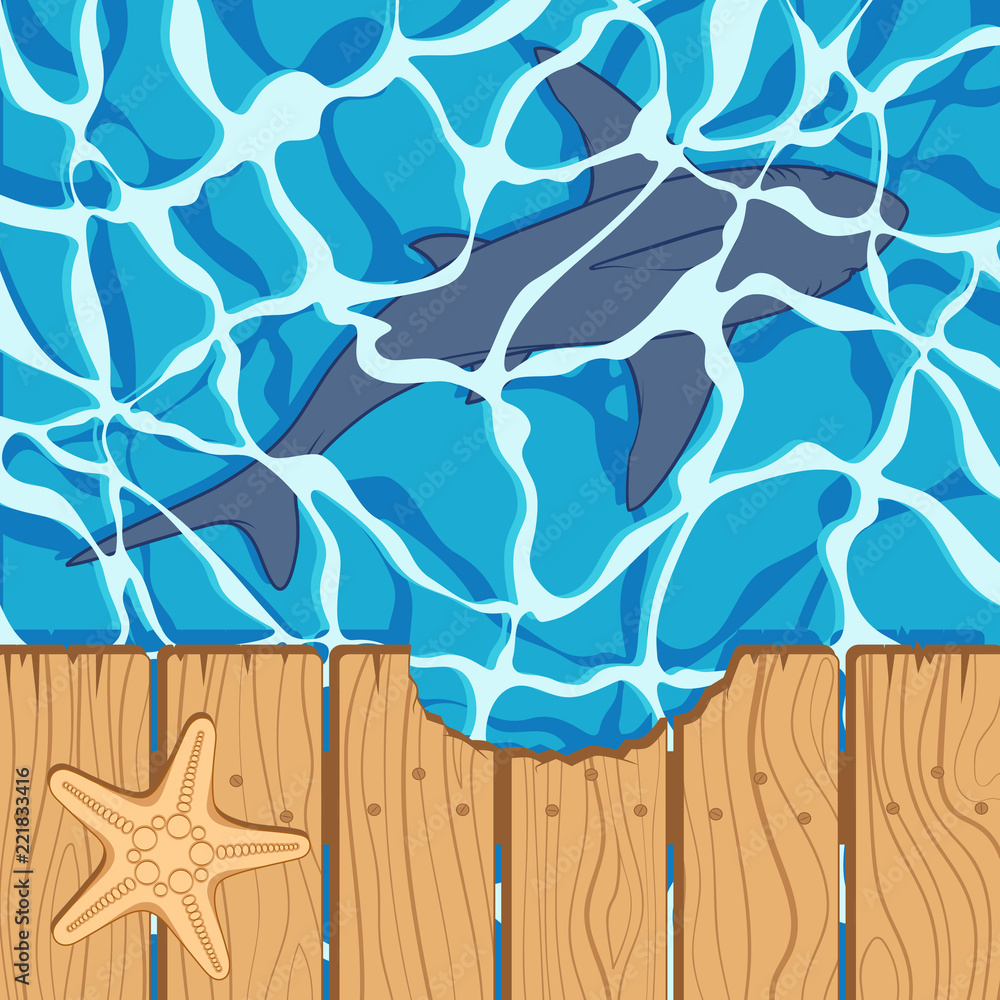 Marine color background with great white shark and starfish. Summer ...