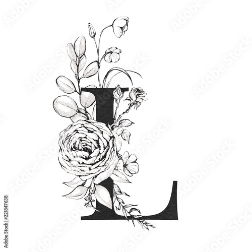 Graphic Floral Alphabet - letter L with black and white flowers bouquet ...