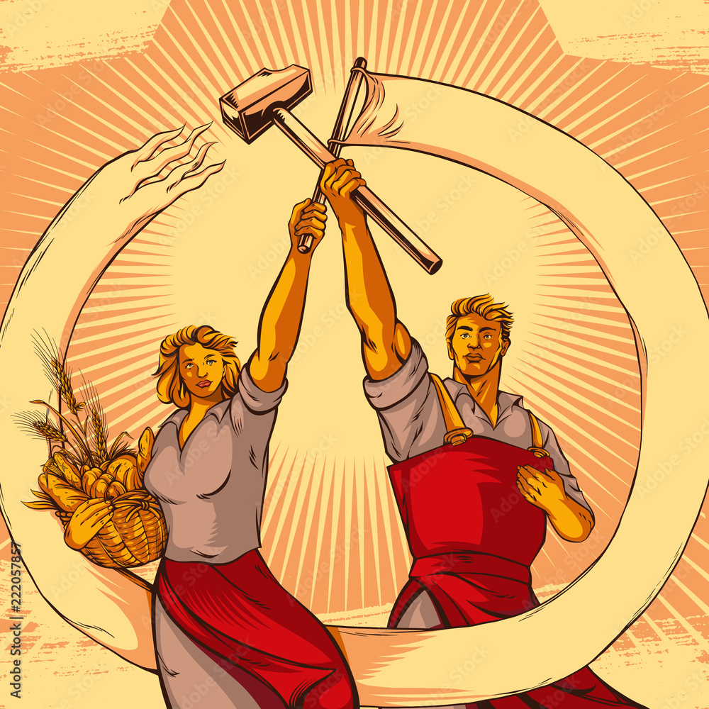 Vintage propaganda style couple vector illustration. Work and Equality ...