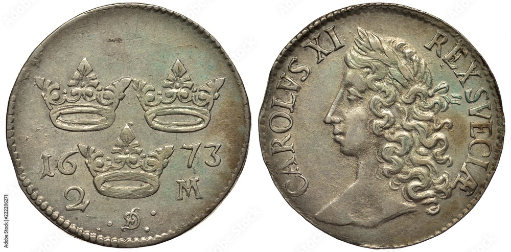 Sweden Swedish silver coin 2 two marks 1673, three crowns divide date ...