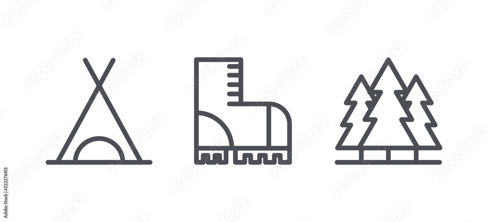 Camping icons, outdoor recreation activity and hiking outline symbols ...