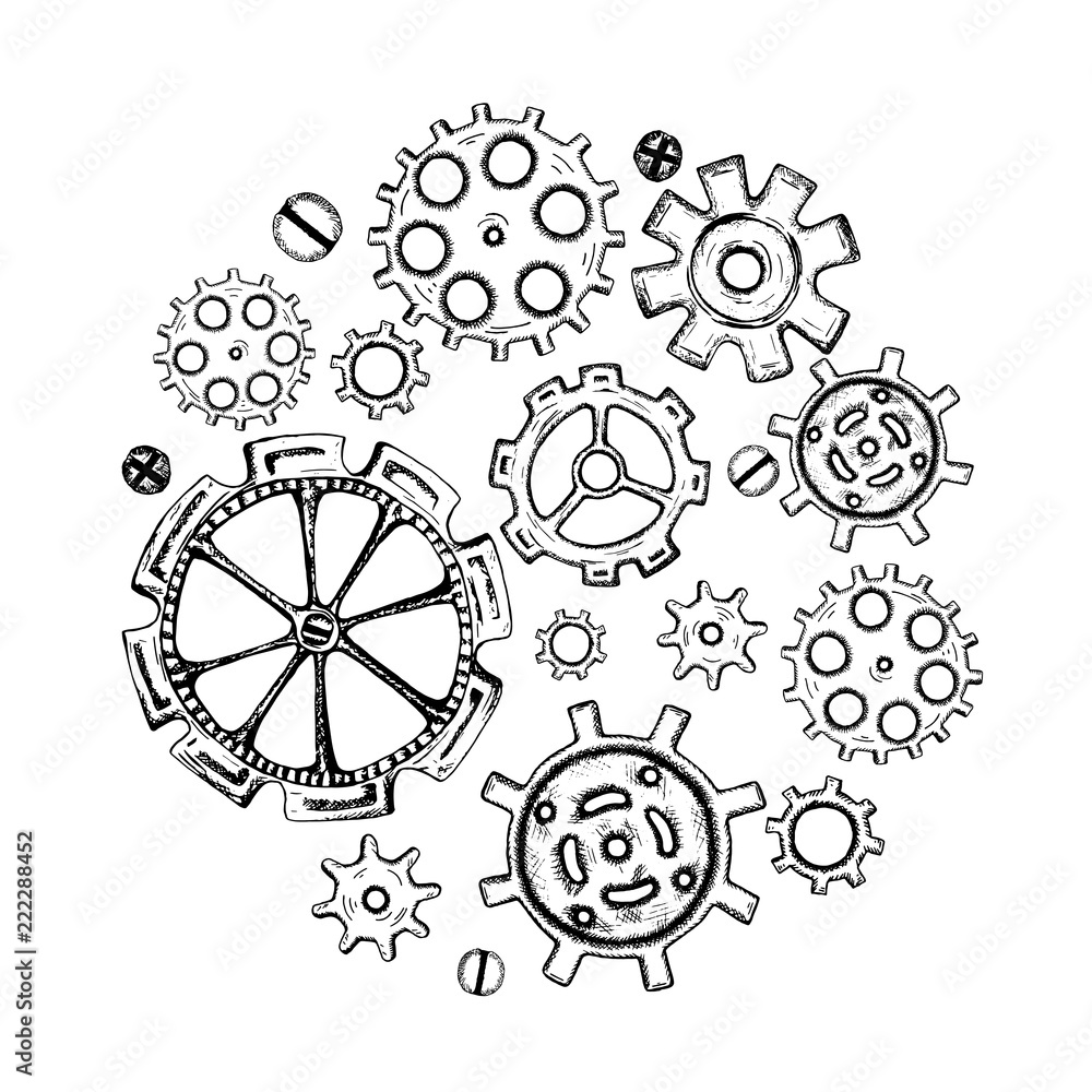 set of hand drawn gears. mechanical sketch concept. Stock Vector ...