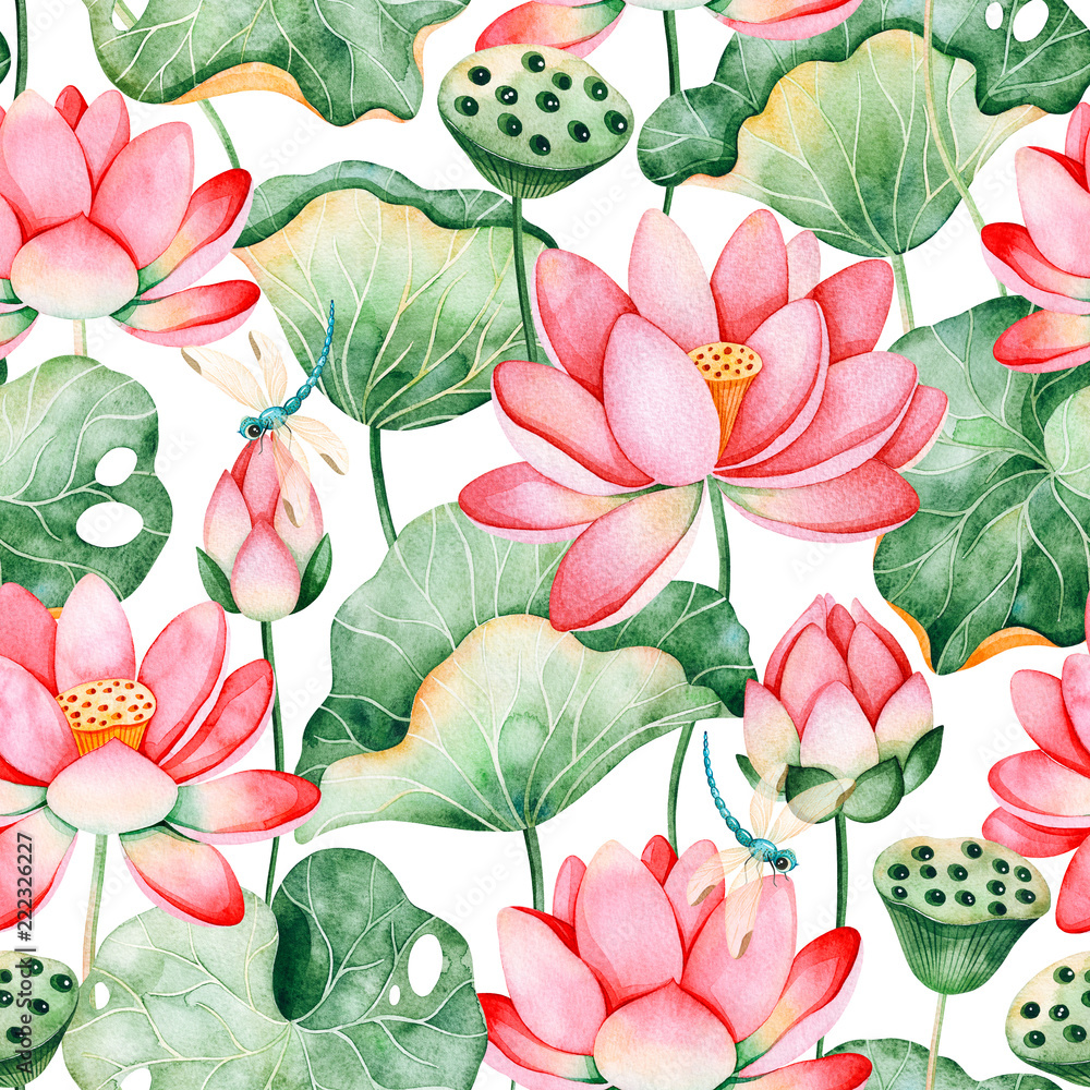 Lotus watercolor texture.Seamless pattern on white background with water lilies and dragonflies ...