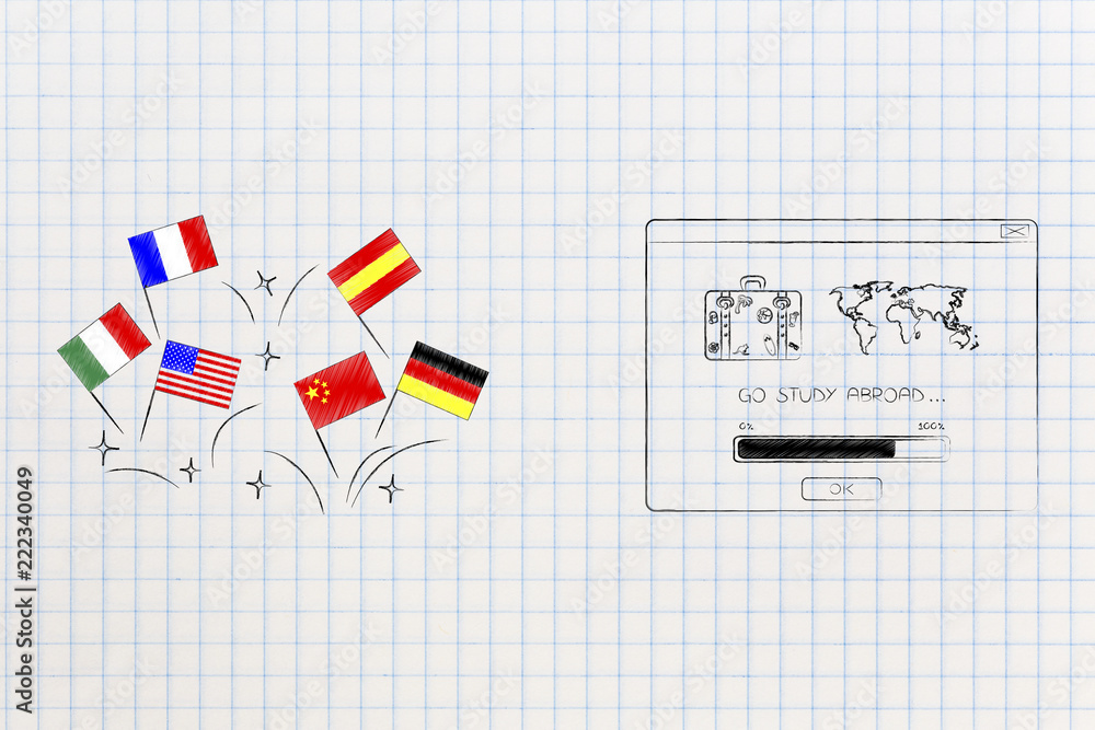 foreign languages country flags next to Go Study Abroad pop-up message ...