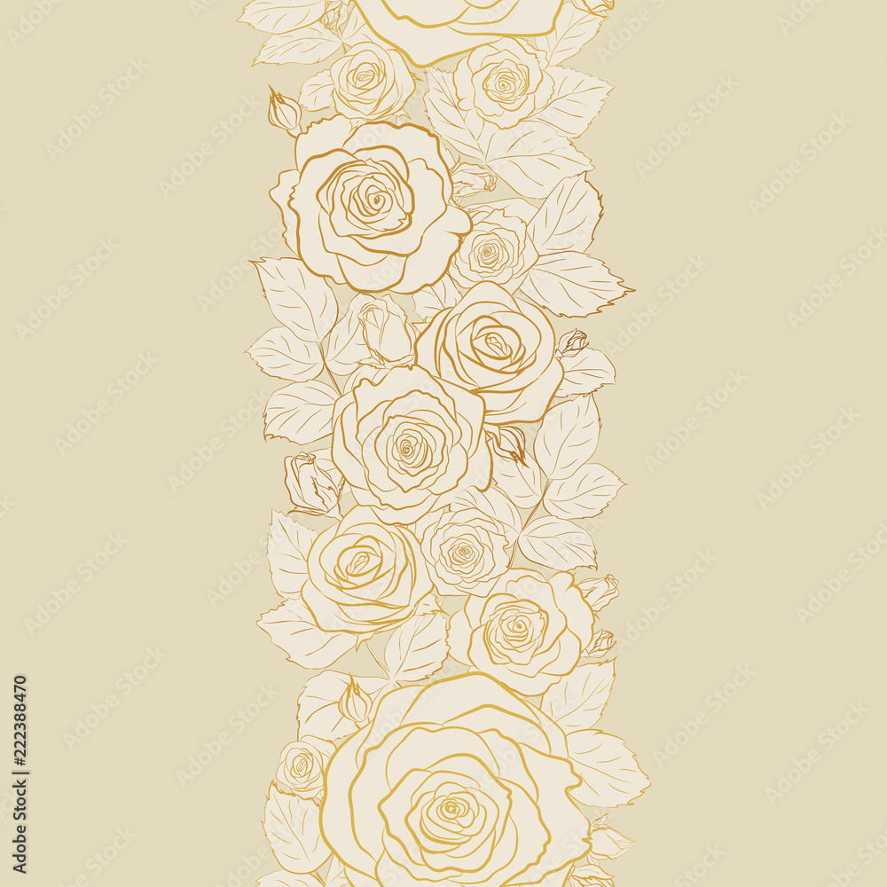 Vector floral border design with gold outline rose buds. Seamless line ...