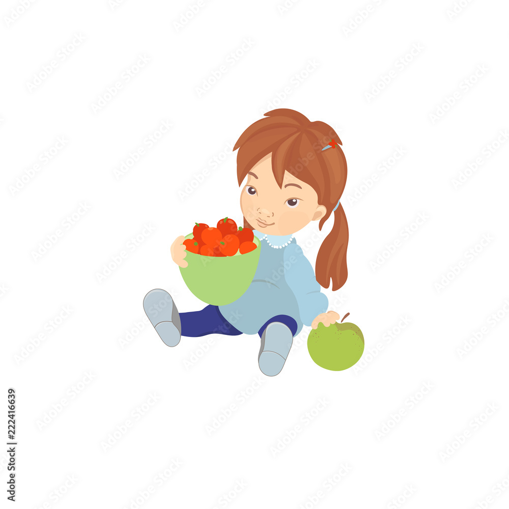 Cute little baby girl eating healthy food, snack for children. Cartoon ...