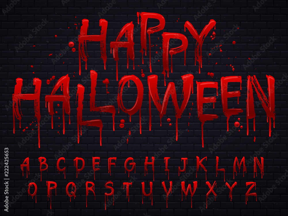 Halloween font. Horror alphabet letters written blood, scary bleed font ...