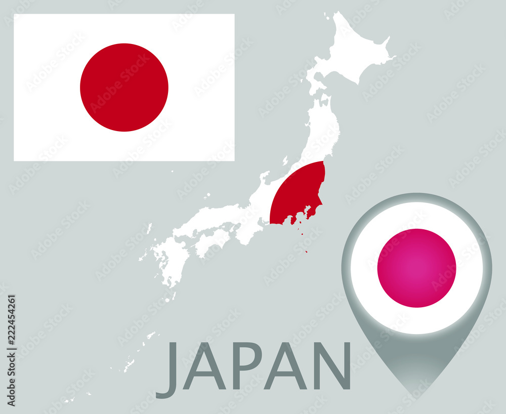Colorful flag, map pointer and map of Japan in the colors of the ...
