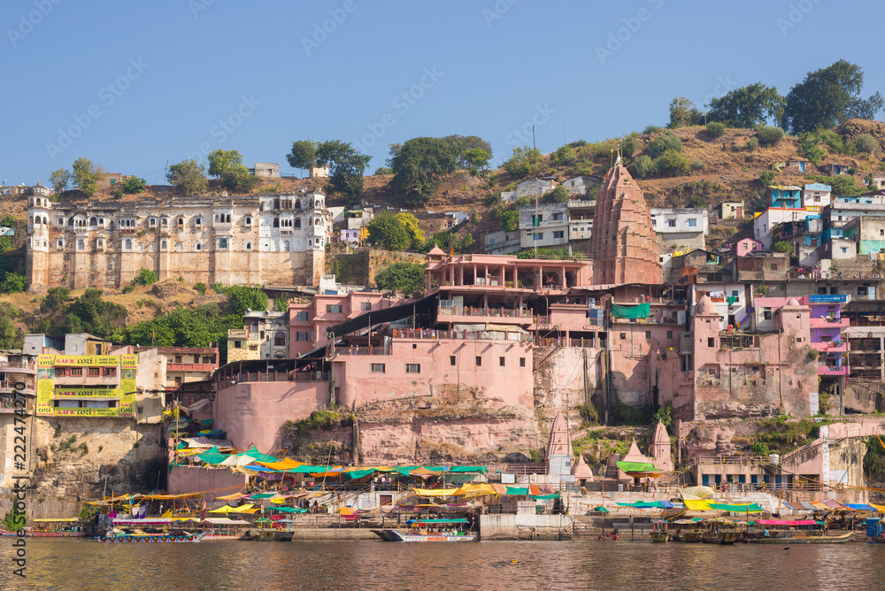 Omkareshwar cityscape, India, sacred hindu temple. Holy Narmada River ...