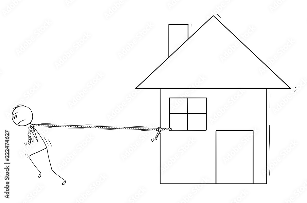 Cartoon stick drawing conceptual illustration of man pulling the family ...