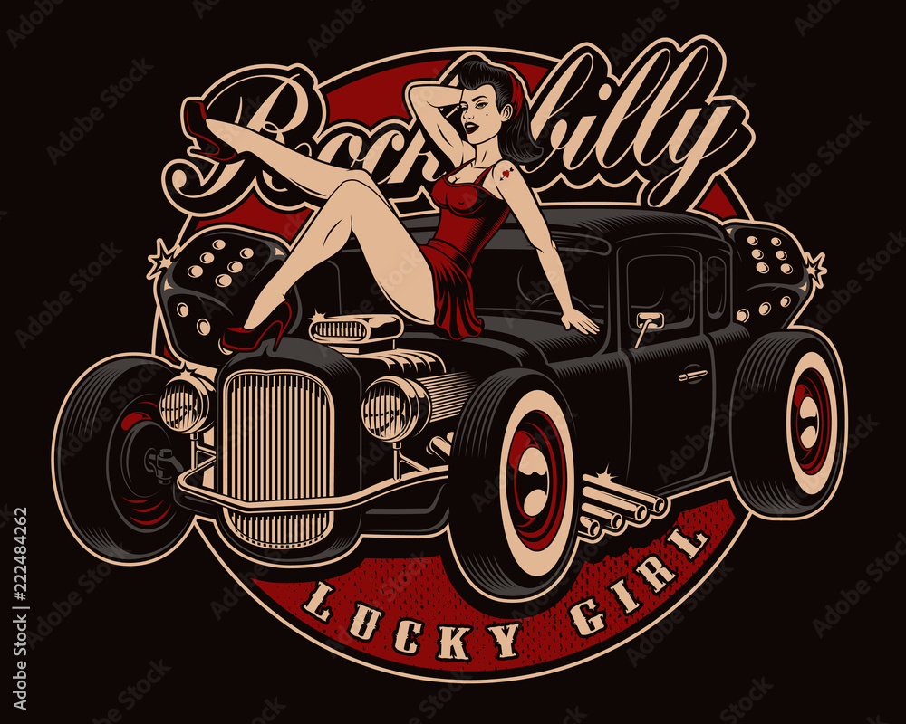 Pin up girl with classic hot rod. Stock Vector | Adobe Stock