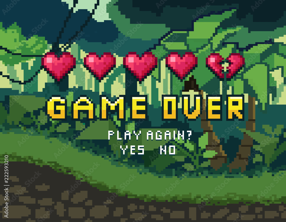 Game over pixel art design with tropical background and hearts. Pixel ...