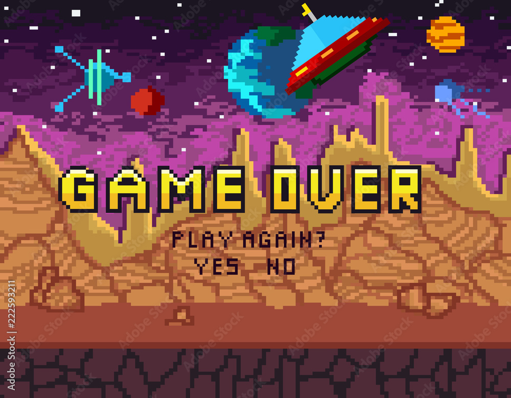 Game over pixel art design with space background and hearts. Pixel ...