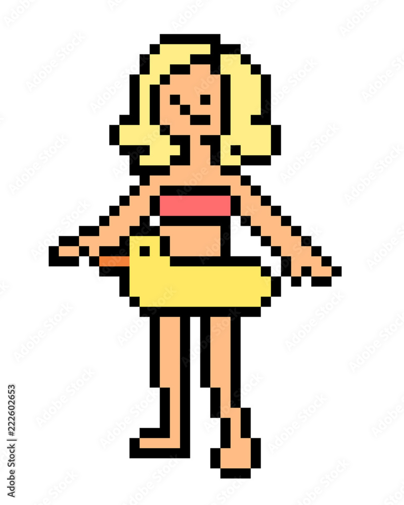 Vector de Stock Pixel art blonde girl in the bikini learning to swim in ...