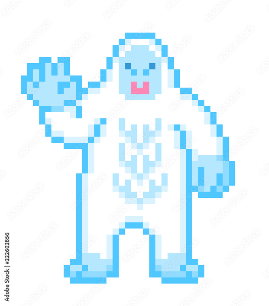 Image vectorielle Stock Big white hairy yeti waving his hand, pixel art ...