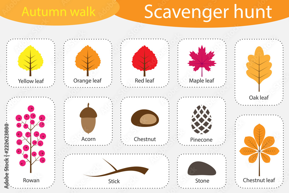 Scavenger hunt, autumn walk, different colorful autumn pictures for ...