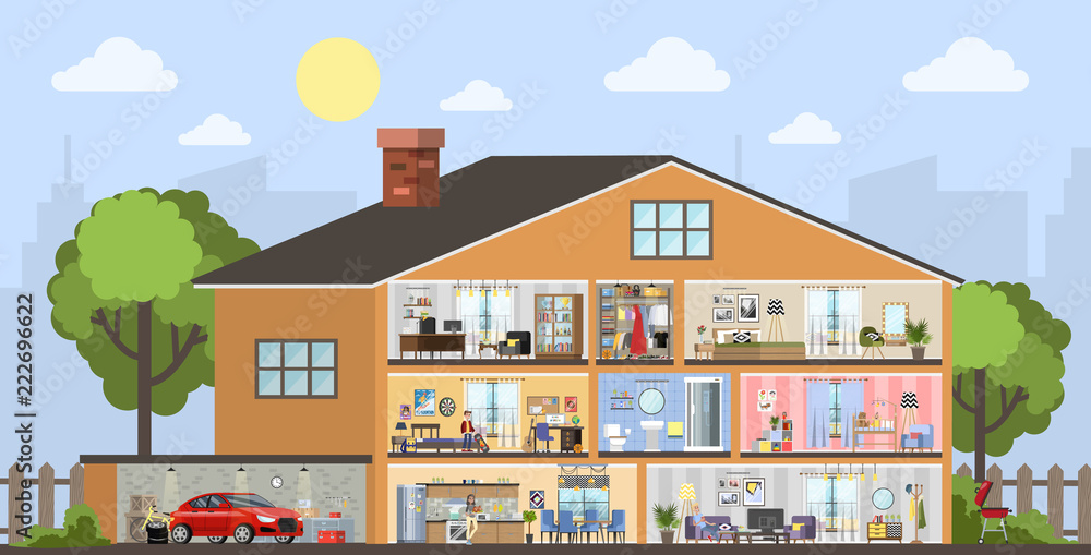 House building interior plan with the garage Stock Vector | Adobe Stock