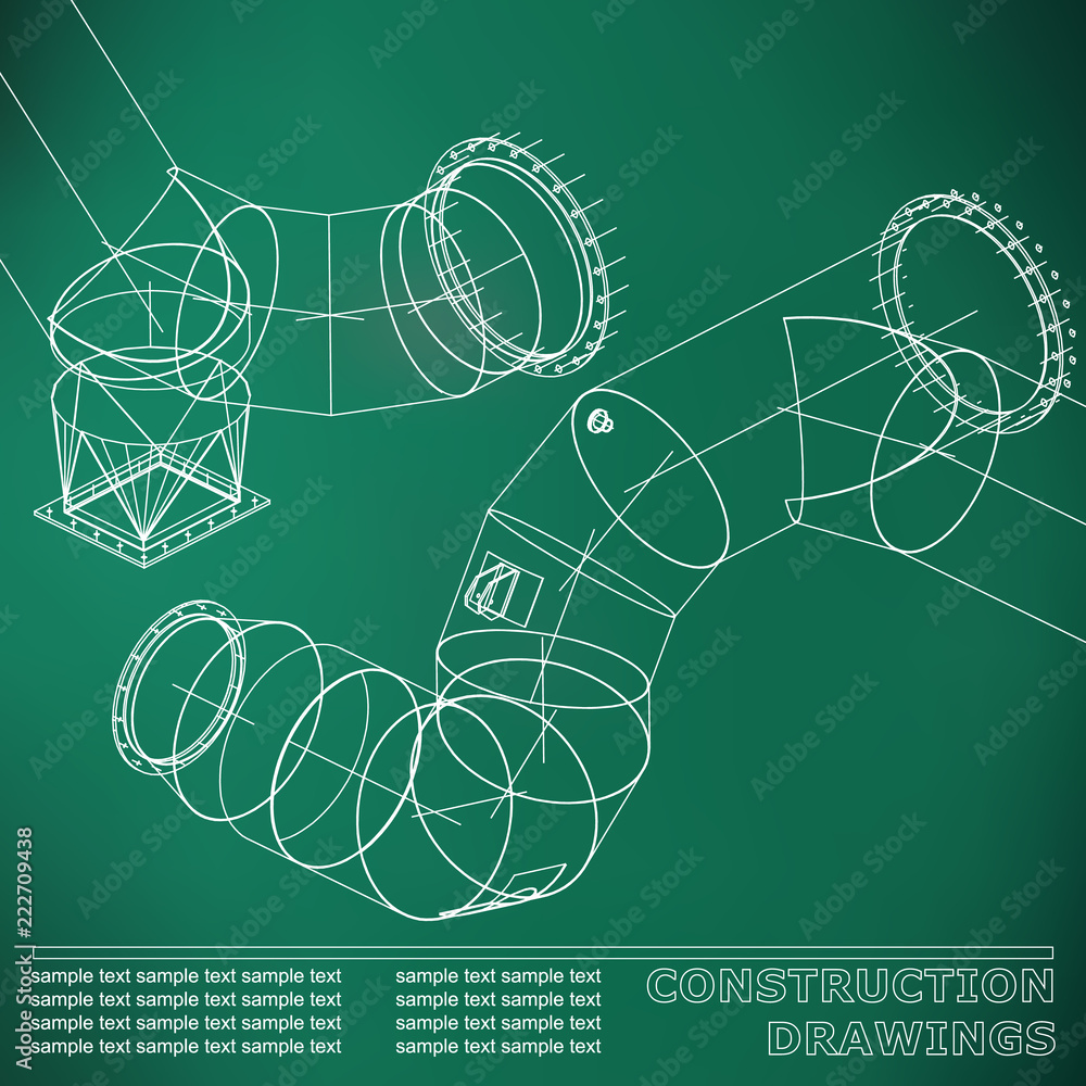 Light green background. Drawings of steel structures. Pipes and pipe ...