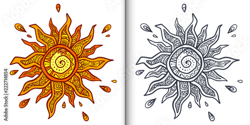 Vintage boho style orange ornate sun vector illustration. Coloring book ...