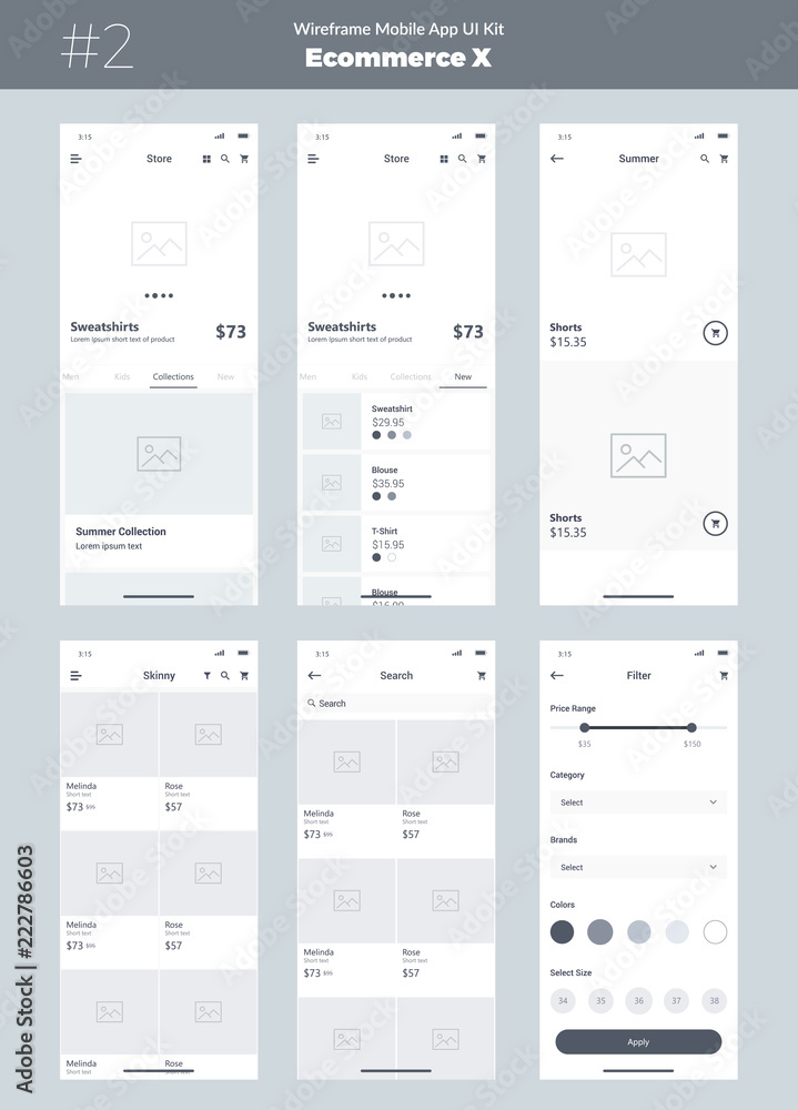Wireframe kit for mobile phone. Mobile App UI, UX design. New ecommerce ...