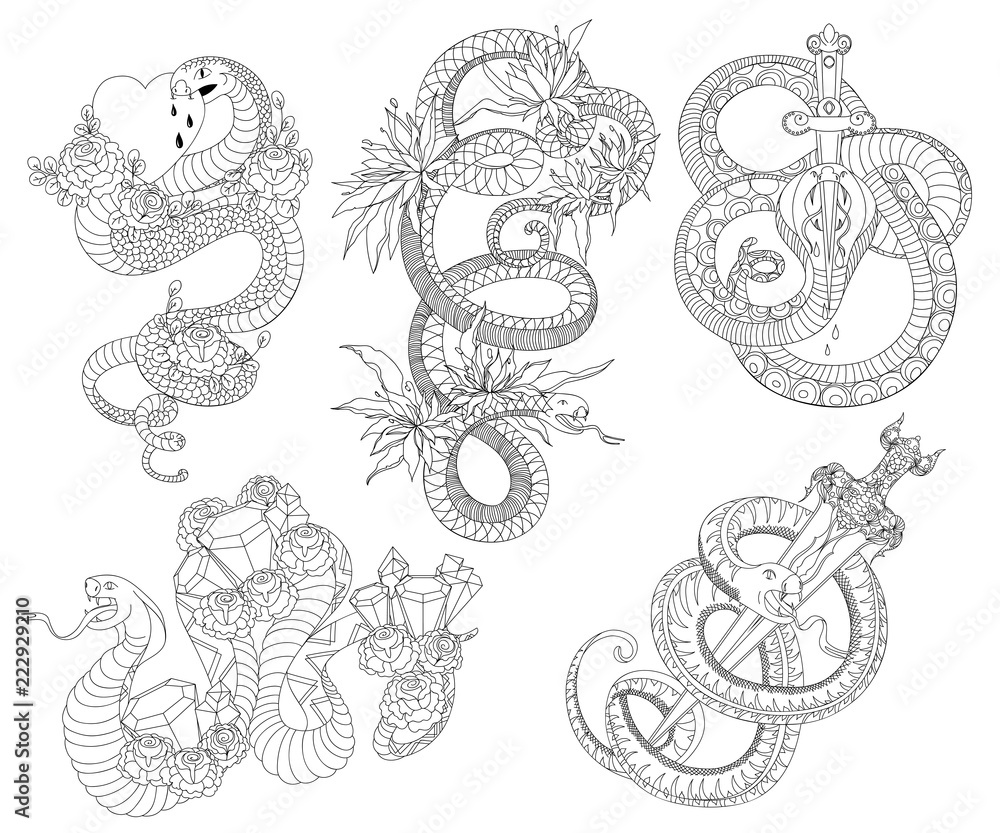 Snakes set. Old school tattoo design. Black and white isolated elements ...