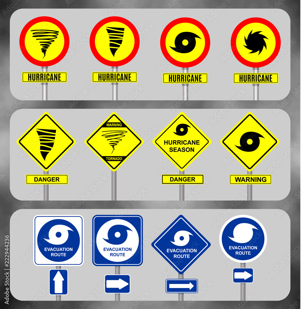 Set road sign hurricane. Yellow hazard warning sign against tornado ...