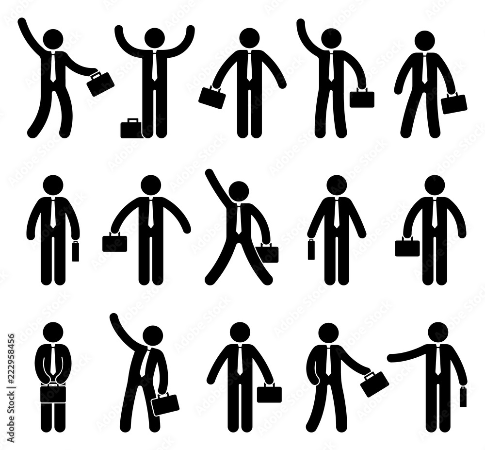 Stick figure business man icon set. Office worker standing with ...
