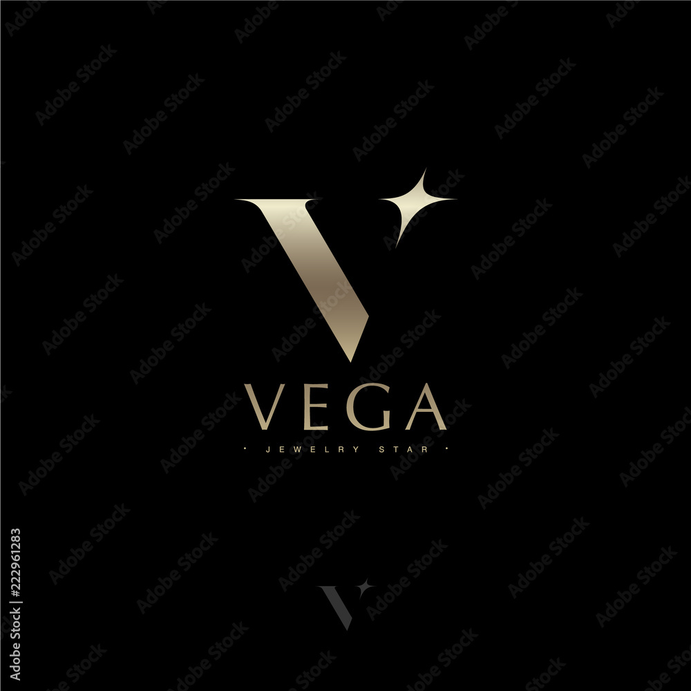Vega letter. Vega star astronomy logo. Gold letter V with star. Jewelry ...