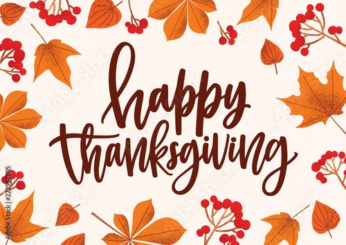 Greeting Card Or Postcard Template With Happy Thanksgiving Phrase Or 