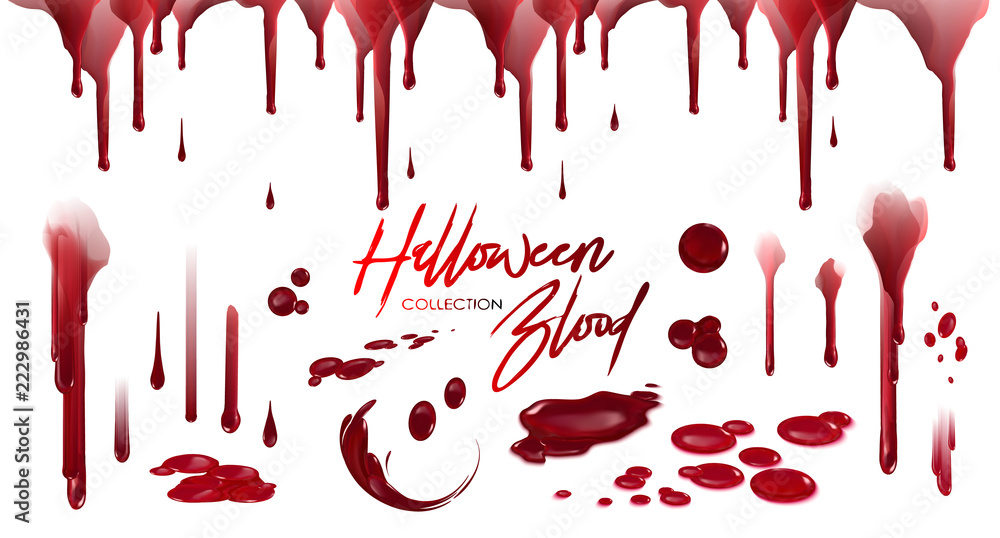 Blood collection, Happy Halloween decoration, Vector bloody horror drop ...