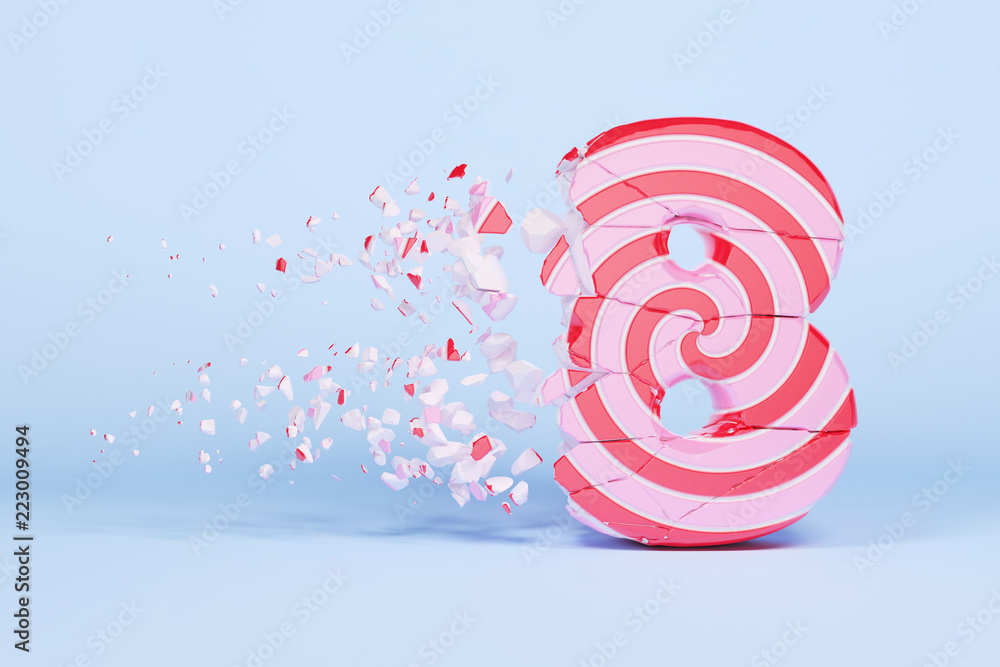 Broken shattered alphabet number 8. Crushed christmas font made of pink ...