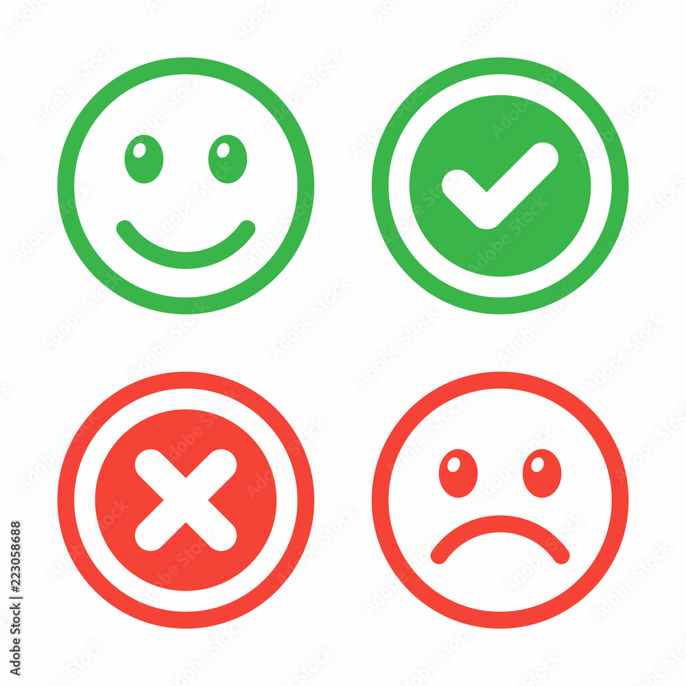 Happy and sad face, tick and cross. Vector icon set. Stock Vector ...