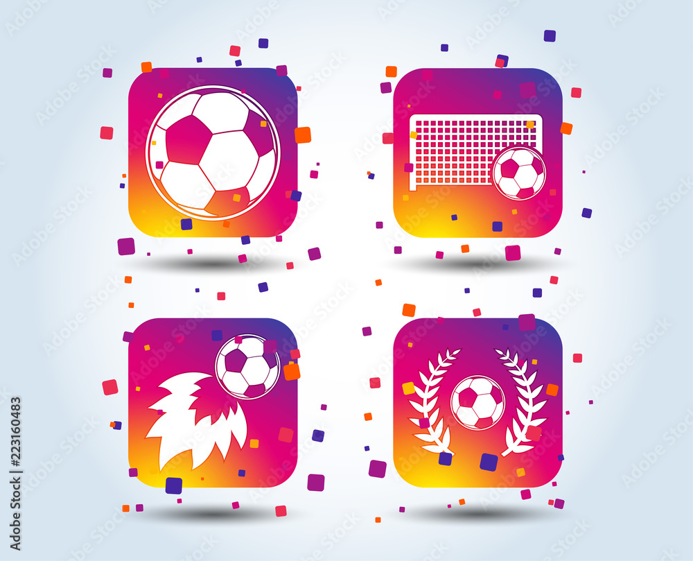 Football icons. Soccer ball sport sign. Goalkeeper gate symbol. Winner ...